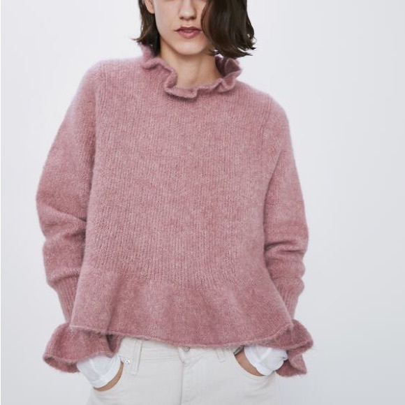 Zara | Sweaters | Zara Alpaca And Wool Blend Sweater Large Pink Ruffle ...